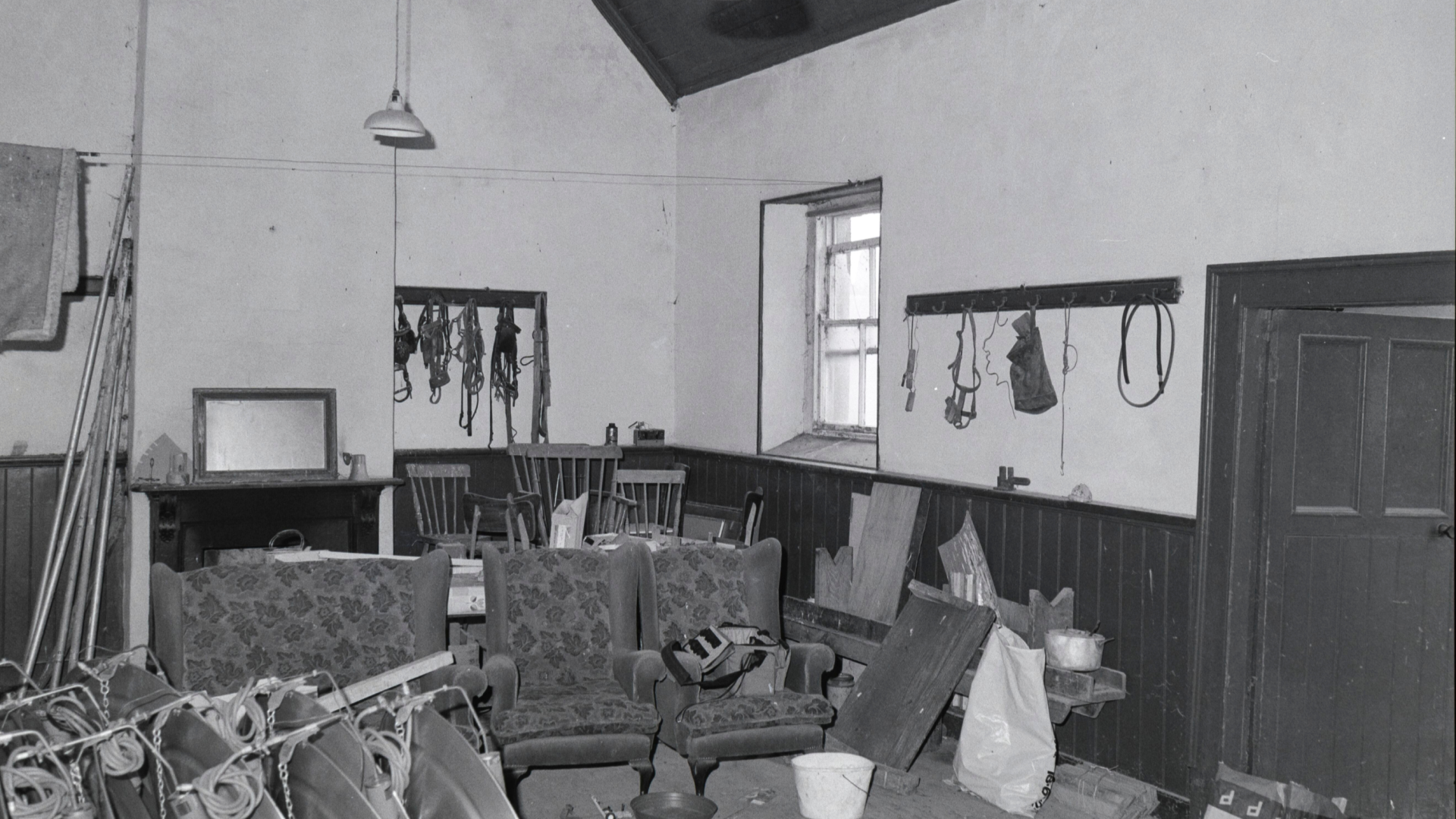A black and white image of the inside of an Orange Hall.