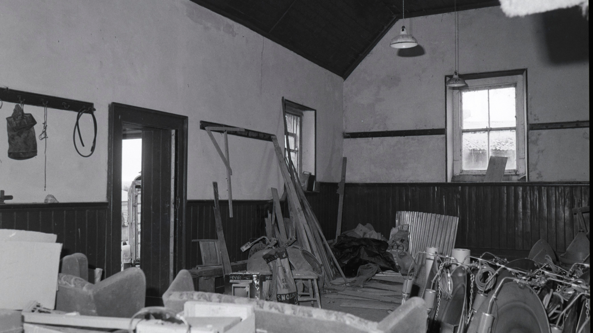 A black and white image of the inside of an Orange Hall.